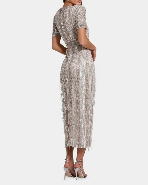 Mac Duggal Geometric Beaded Cocktail Midi Dress