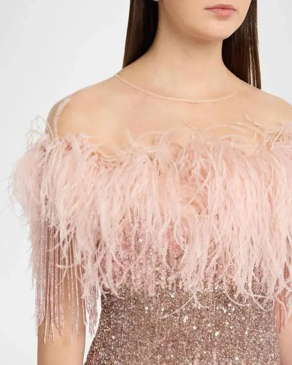 Pamella Roland Feather Beaded Off-the-shoulder Illusion Column Gown