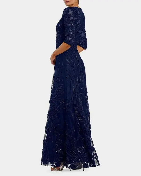 Mac Duggal Beaded Floral Applique Lace Gown