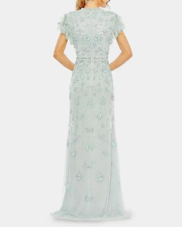 Mac Duggal Flutter-sleeve Beaded Applique Gown - Periwinkle