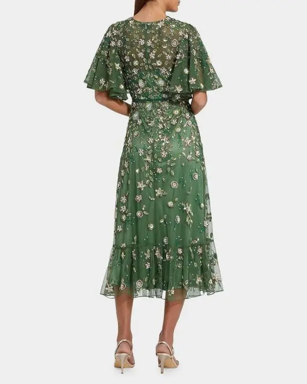 Mac Duggal Floral Beaded Mesh Midi Dress