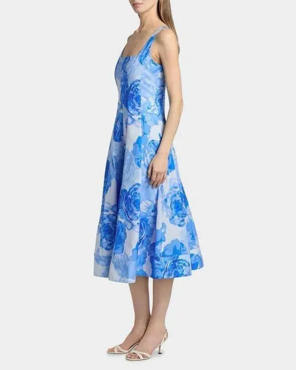 MILLY Nia Printed Stretch Cotton Poplin Midi-dress