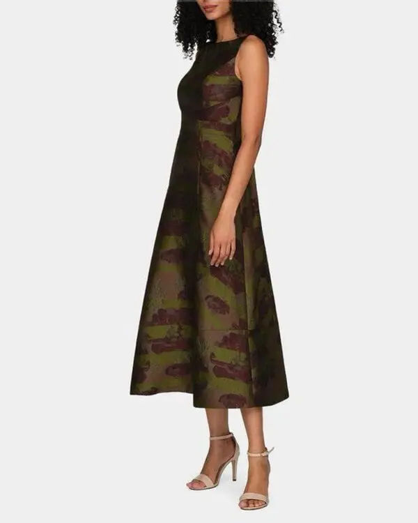 KAY UNGER Camilla Floral Stripe Tea-length Gown - Mocha Multi