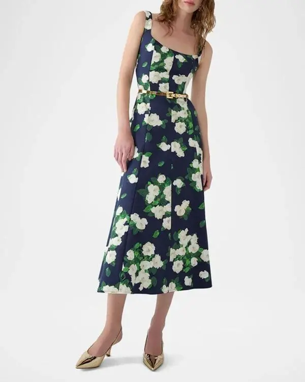 Carolina Herrera Sleeveless Square-neck Rose-print Paneled Midi Dress - Midnight Multi