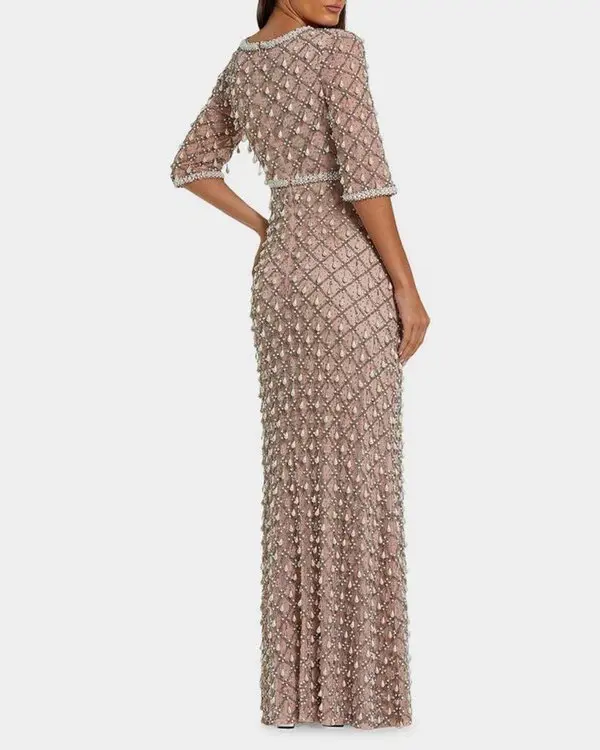 Mac Duggal Pearly-embellished Beaded Mesh Gown - Light Rose