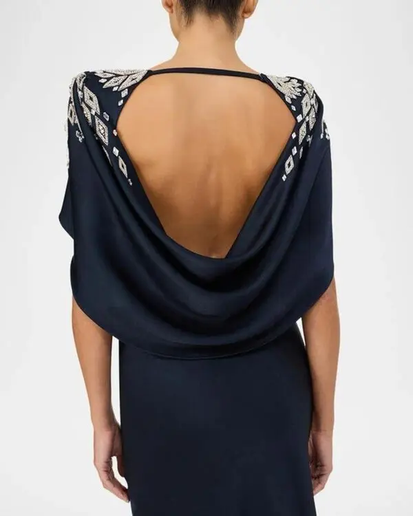Jenny Packham Ophelia Embellished Draped Capelet Backless Gown