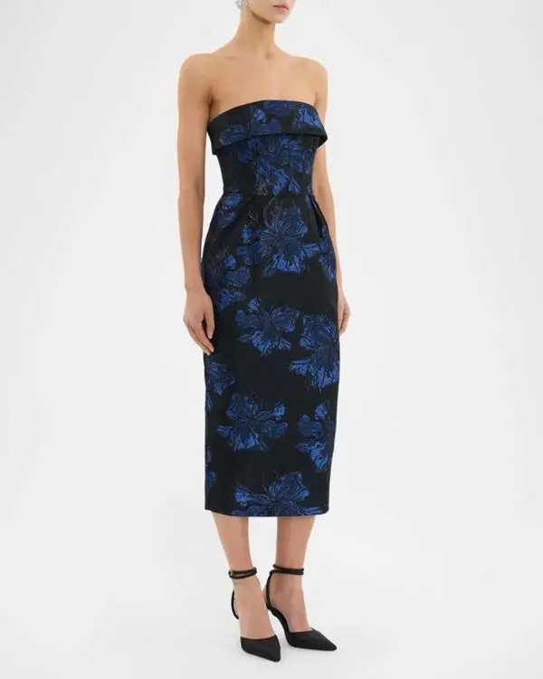 Rebecca Vallance Alexandra Strapless Floral Brocade Midi Dress - Navy