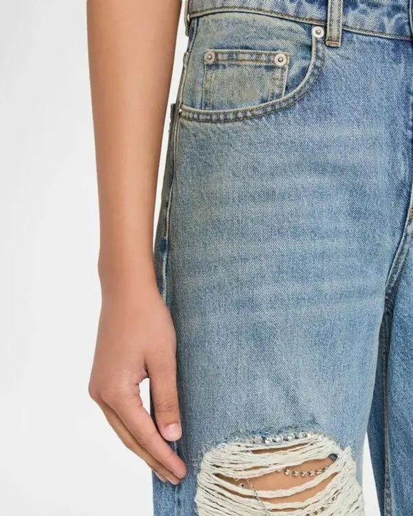 AREA Crystal Fray Relaxed-leg Jeans - Medium Blu