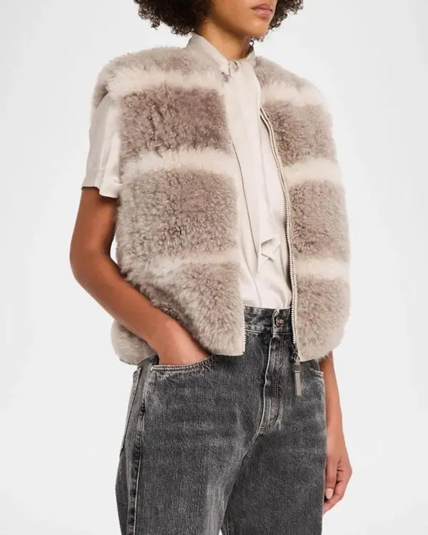 Brunello Cucinelli Striped Cashmere Goat Shearling Vest
