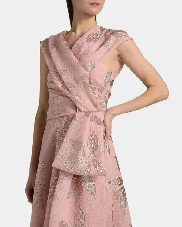 Talbot Runhof Metallic Floral Jacquard Draped One-shoulder Gown