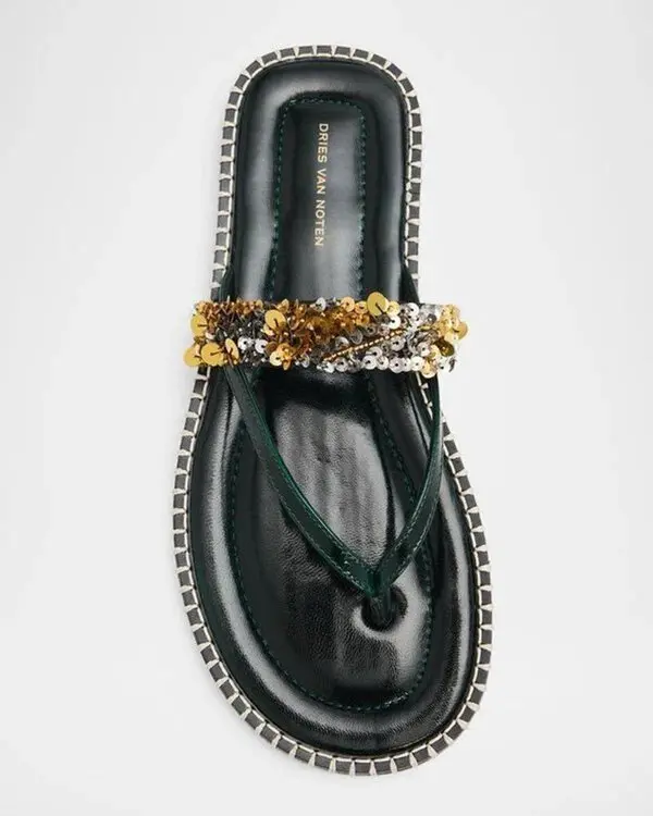 Dries Van Noten Sequined Leather Thong Sandals