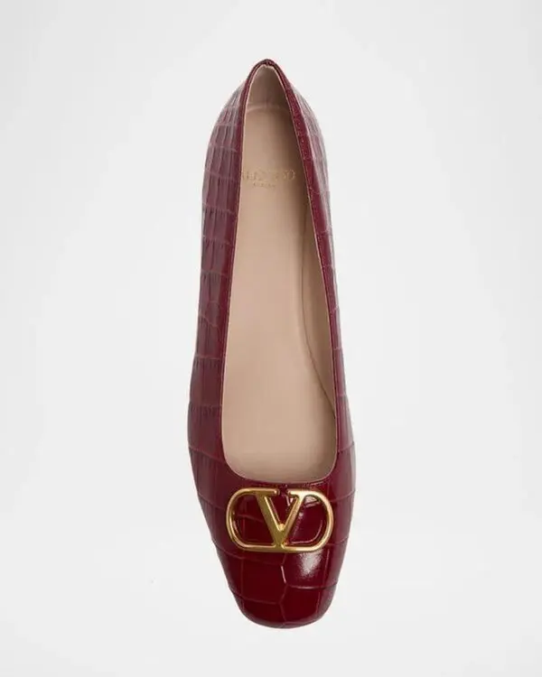 Valentino Garavani Vlogo Croc-embossed Leather Ballerina Flats - Red