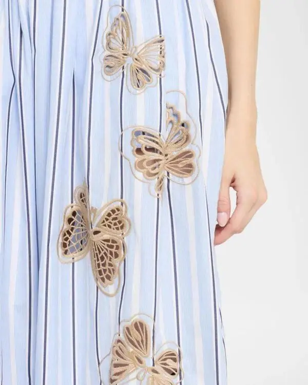 Dice Kayek Butterfly Embroidered Striped Cotton Midi Dress