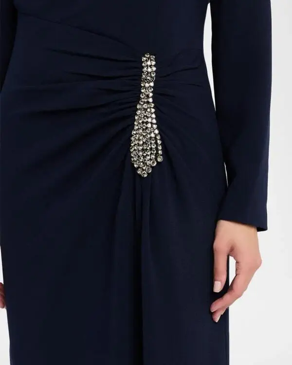 Rickie Freeman For Teri Jon Ruched Crystal-embellished Crepe Gown - Navy