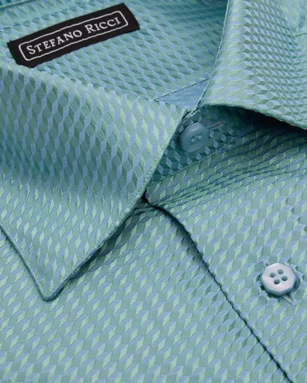 Stefano Ricci Apos;s Silk Tonal Geometric Jacquard Dress Shirt - Teal