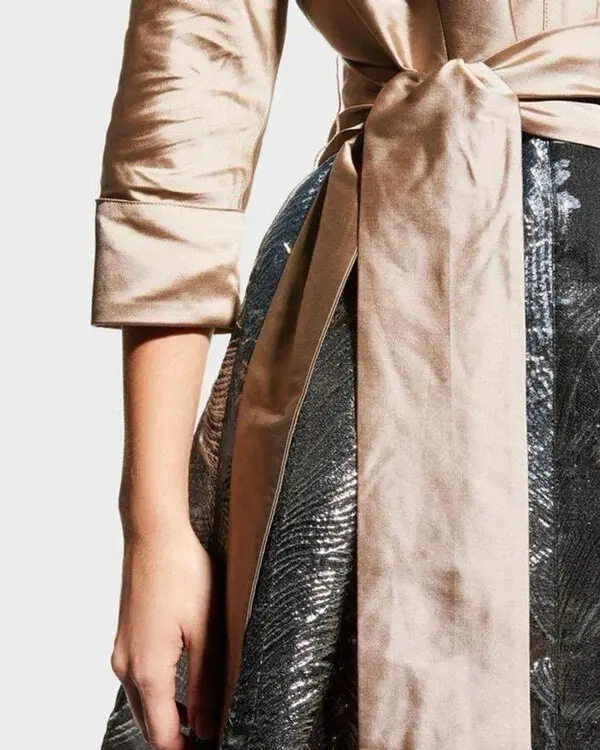 Rickie Freeman For Teri Jon Taffeta Shirtdress W/ Feather Metallic Jacquard - Gold Multi