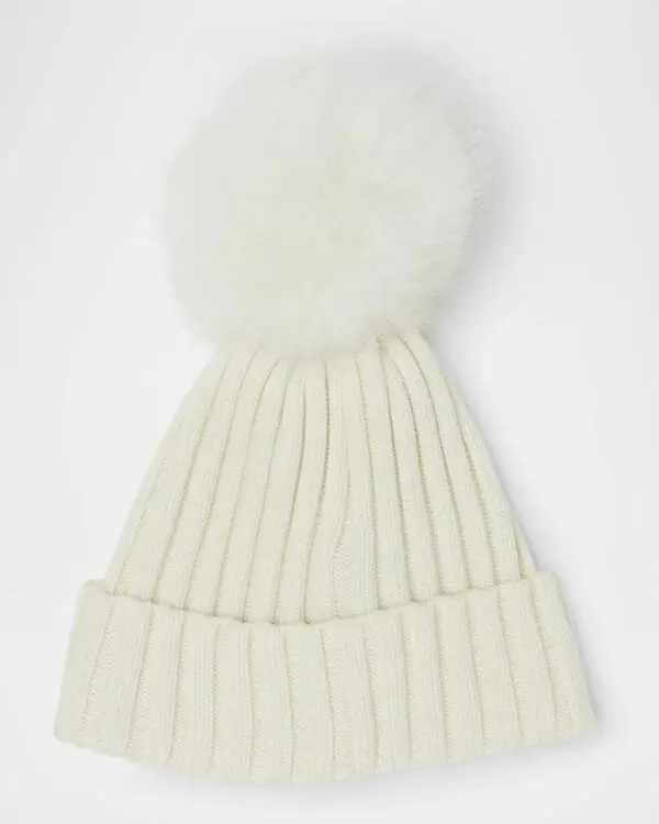 Moncler Ribbed Logo Beanie With Faux Fur Pom
