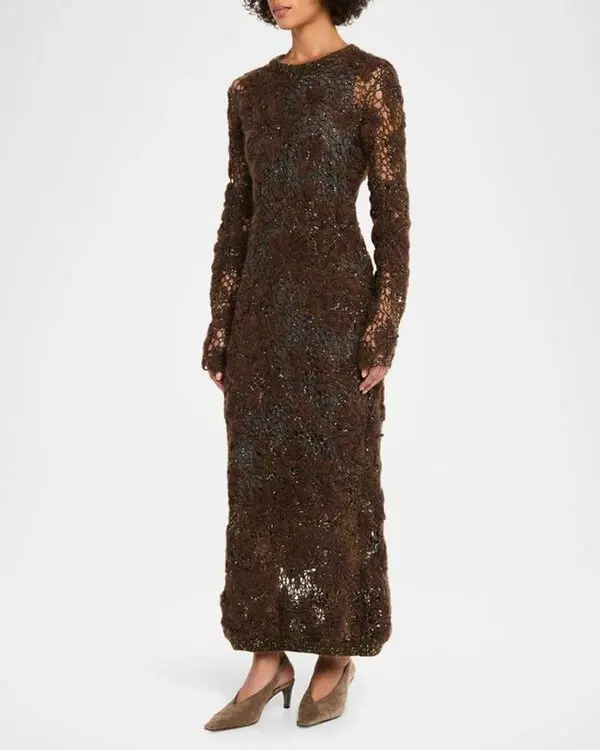 Brunello Cucinelli Mohair Sparkling Floral Embroidered Mesh Dress