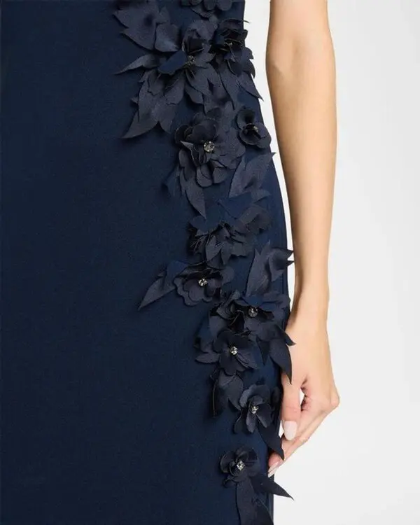 Badgley Mischka Draped One-shoulder Cocktail Midi Dress - Navy