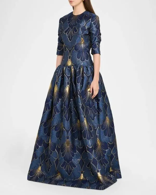 REEM ACRA 3/4-sleeve Lame Brocade Drop-waist Gown