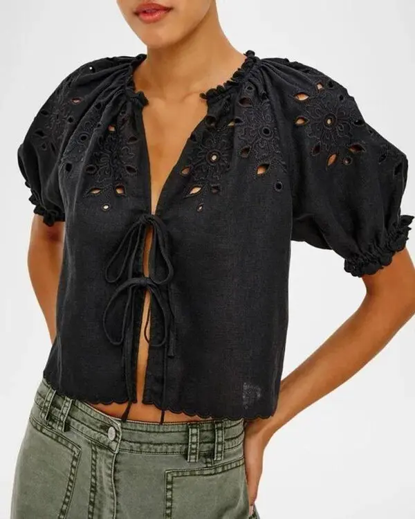 Rails Lizbeth Embroidered Tie-front Linen Blouse