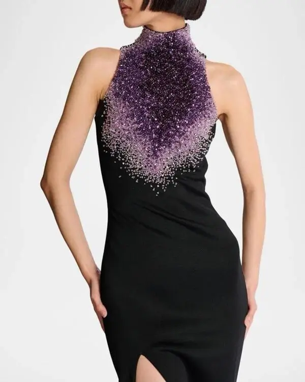 Balmain Sleeveless Amethyst Embroidered Milano Jersey Slit Gown - Black Mult