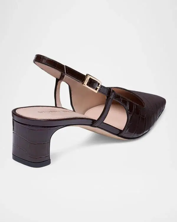 STUART WEITZMAN 40mm Baby Babette Croc-embossed Leather Slingback Pumps - Walnut