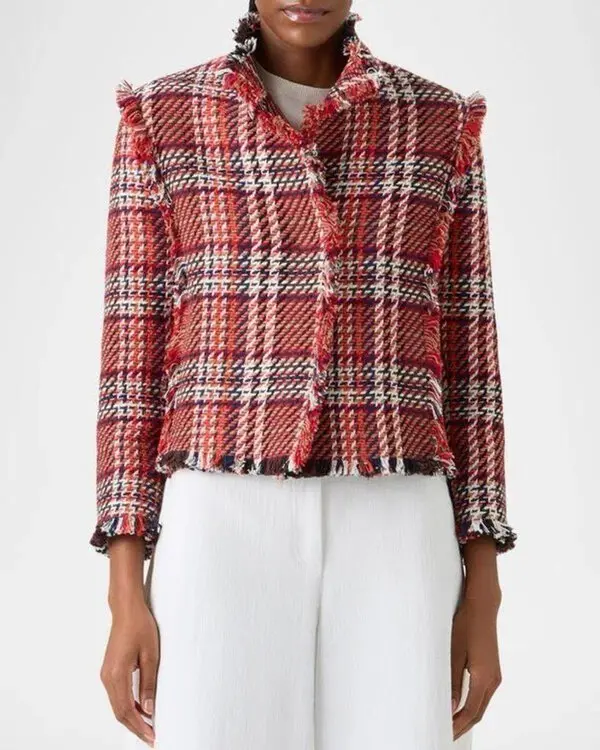 Akris Multi-color Check Fringed Tweed Single-breasted Jacket
