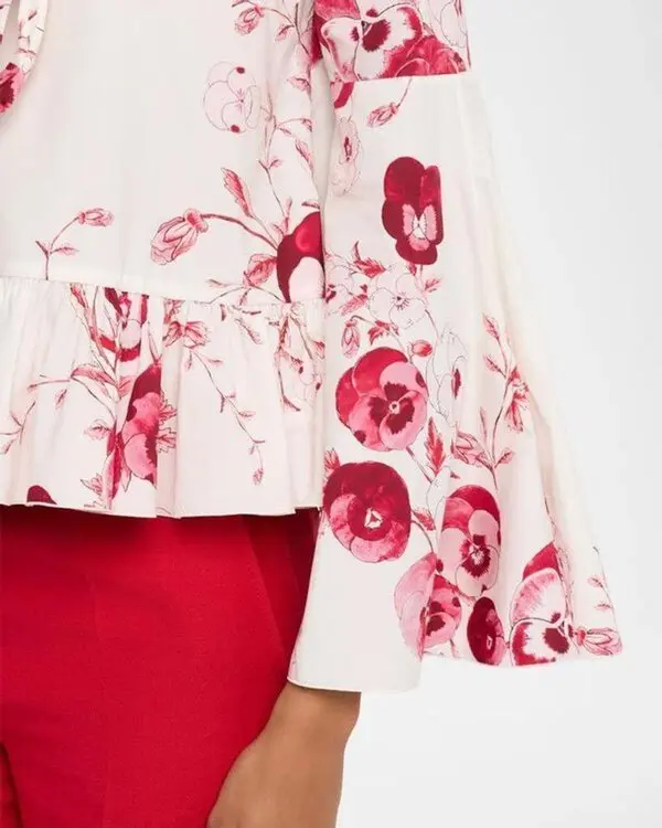 Giambattista Valli Floral Cotton Poplin Bell-sleeve Neck-tie Blouse - Ivory Multi