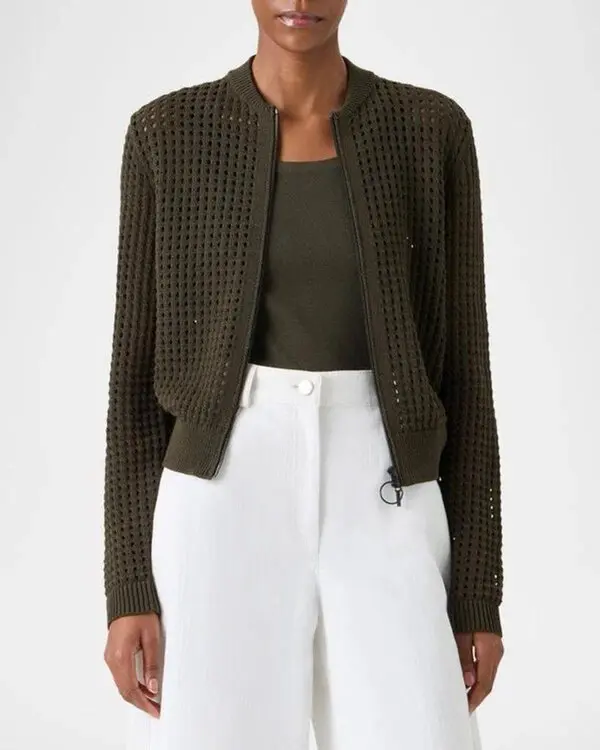 Akris Chunky Cotton Mesh Zip Bomber Cardigan
