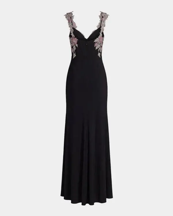 Mac Duggal Crystal Floral-embroidered Jersey Gown