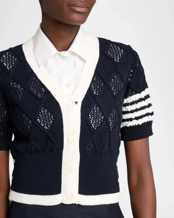 Thom Browne Argyle Pointelle-knit Cotton Cardigan - Navy