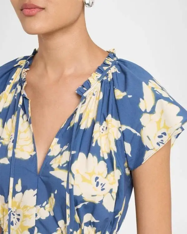 Tanya Taylor Ivana Smocked Floral Poplin Top