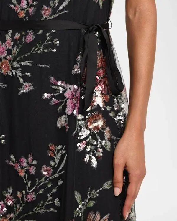 Johnny Was Siza Sleeveless Floral Sequined Mesh Maxi Dress - Black
