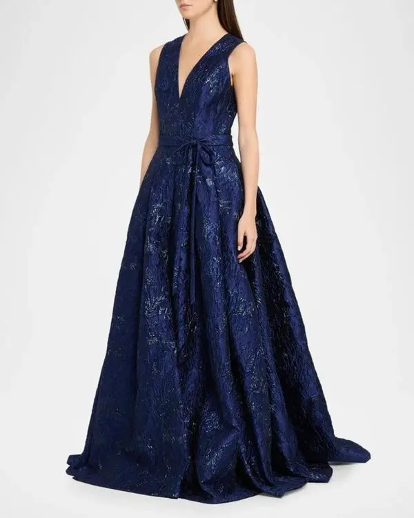 REEM ACRA Deep V-neck Textured Metallic Jacquard Ball Gown