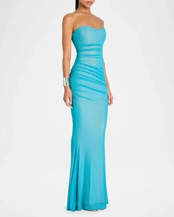 Retrofete Quintessa Ruched Mesh Strapless Gown - Sarcelle