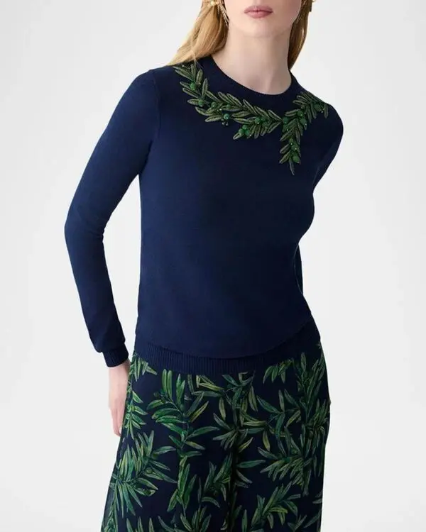 Carolina Herrera Olive Branch Embroidered Silk-cotton Crewneck Sweater - Midnight Multi