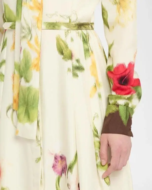Oscar De La Renta Hibiscus-print Silk Neck-scarf Midi Dress With Belt - Brown Mult