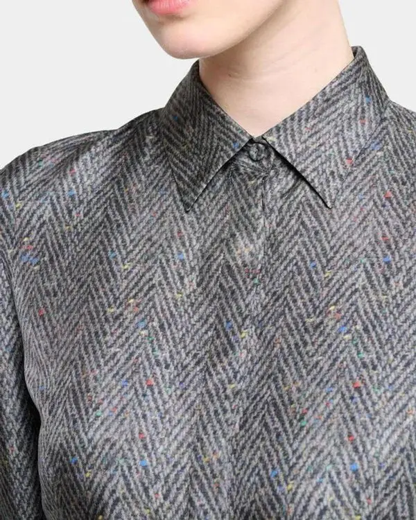 Gabriela Hearst Jane Herringbone Print Silk Belted Midi Shirtdress - Charcoal Multi