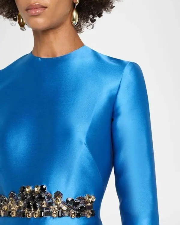 REEM ACRA Crystal Embellished Mikado Silk 3/4-sleeve Gown