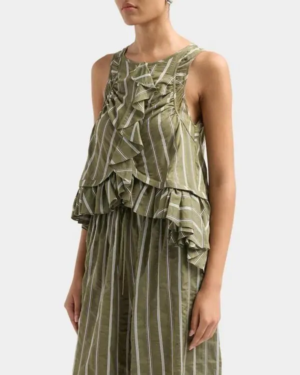 Cinq À Sept Azura Striped Ruffled Sleeveless Top - Olive Noir