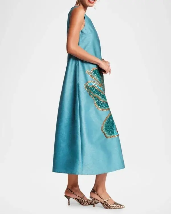 FRANCES VALENTINE Alice Sequin Floral Trapeze Midi Dress