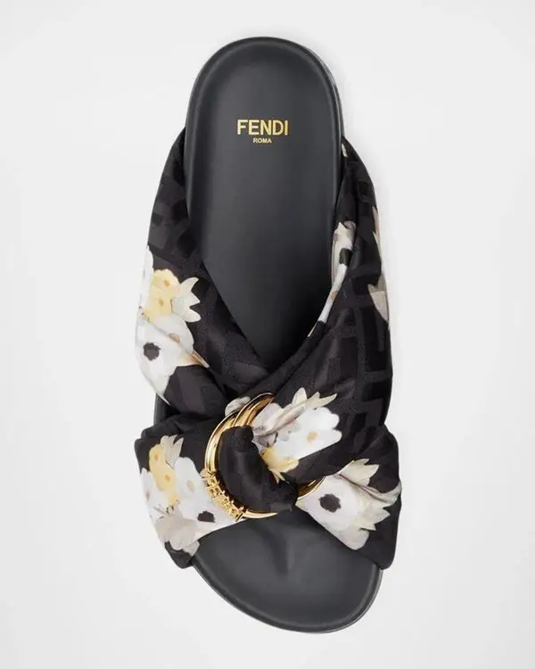Fendi Feel Ff Satin Floral Slide Sandals
