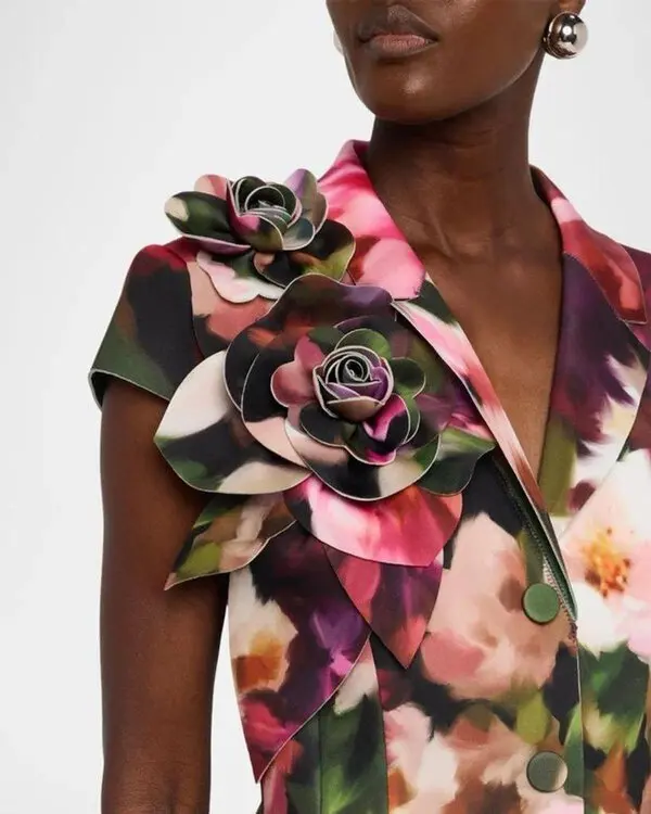 Badgley Mischka Pleated Floral Cap-sleeve Gown - Fuchsia Multi