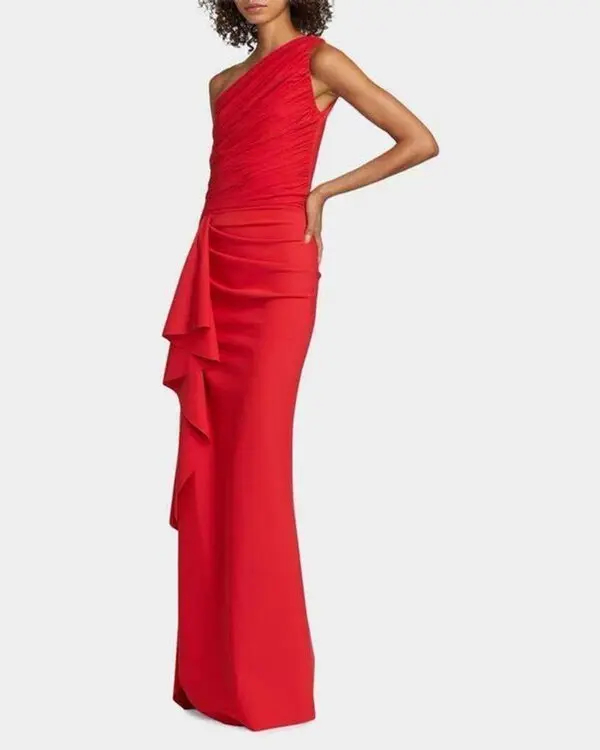 Chiara Boni La Petite Robe Ruched One-shoulder Ruffle Gown - Passion