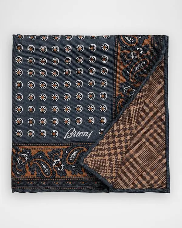 Brioni Apos;s Geometric To Glen Plaid Hand-rolled Silk Pocket Square