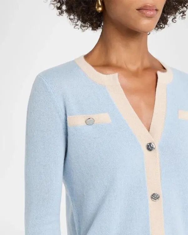 Neiman Marcus Cashmere V-neck Cardigan - Blue/bone