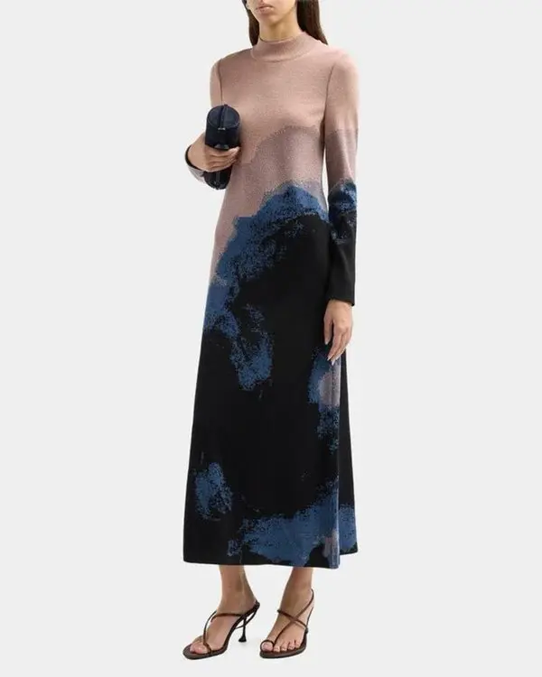Misook Abstract Long-sleeve A-line Maxi Dress