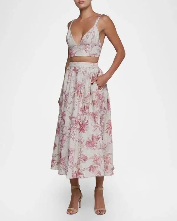 L & APOS;AGENCE Seina Pleated Etoile-print Linen Midi Skirt