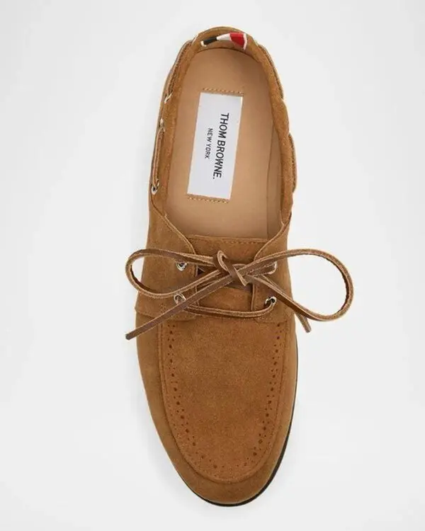 Thom Browne Brogue Suede Boat Shoes - Caramel